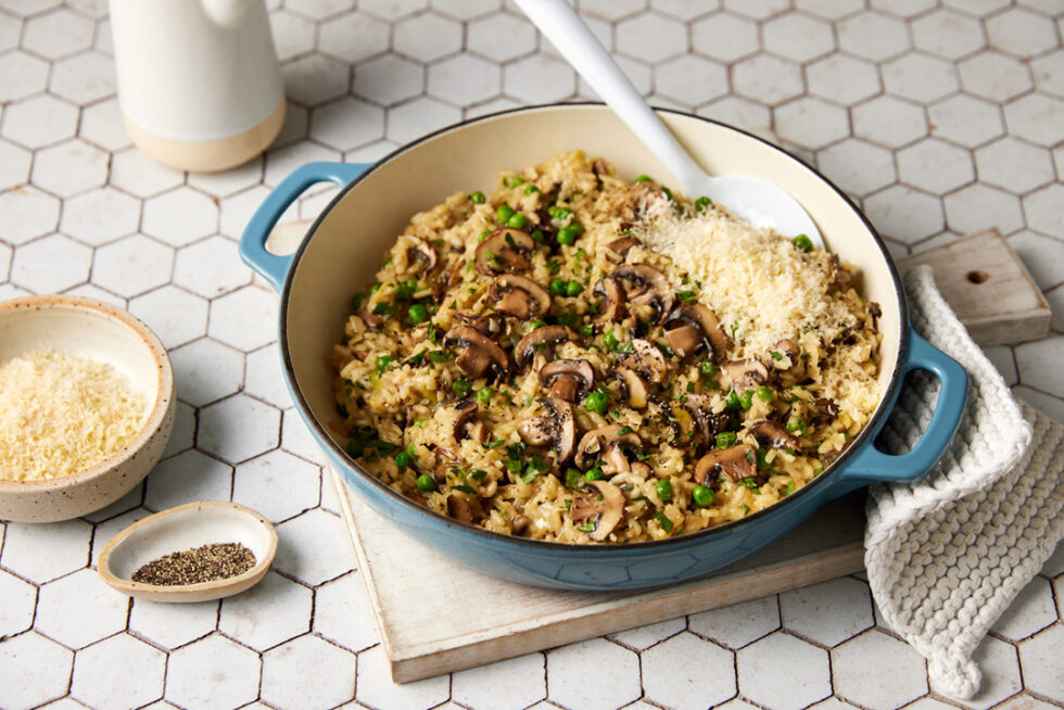 Swiss Brown mushroom, leek, and pea risotto | Australian Mushrooms