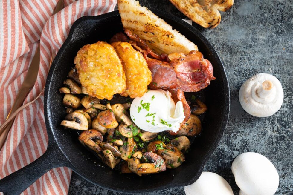 Mushroom Big Breakfast on Sourdough Toast with Golden Hash Brown ...